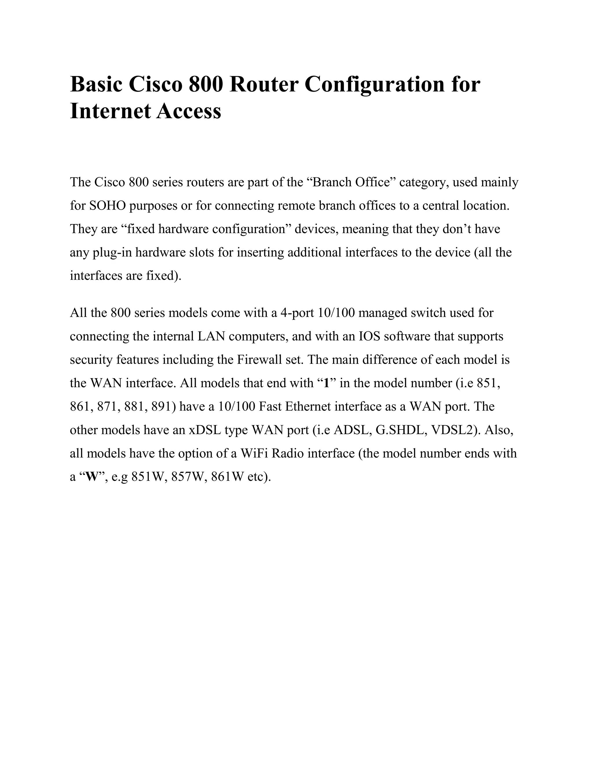 Basic Cisco 800 Router Configuration for Internet Access | PDF