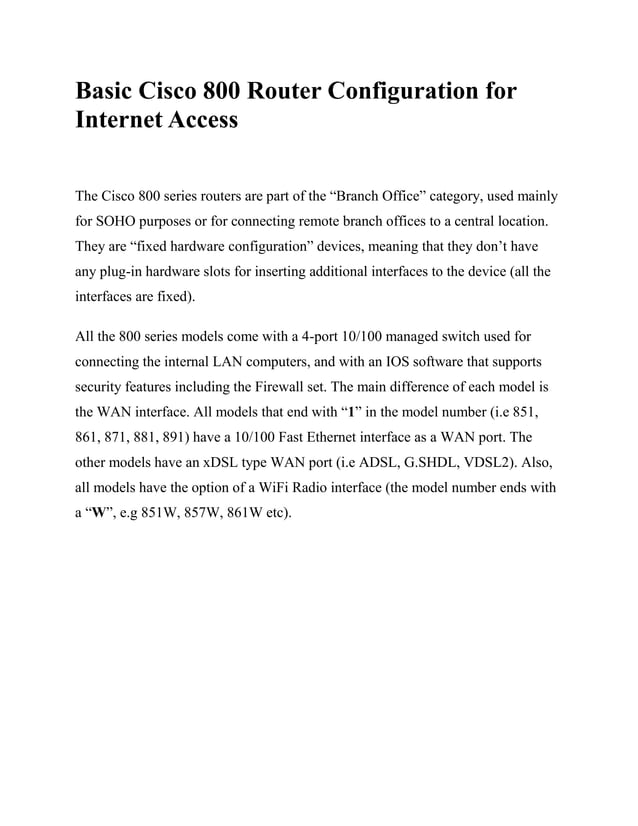 Basic Cisco 800 Router Configuration for Internet Access | PDF | Computer Networking | Computing