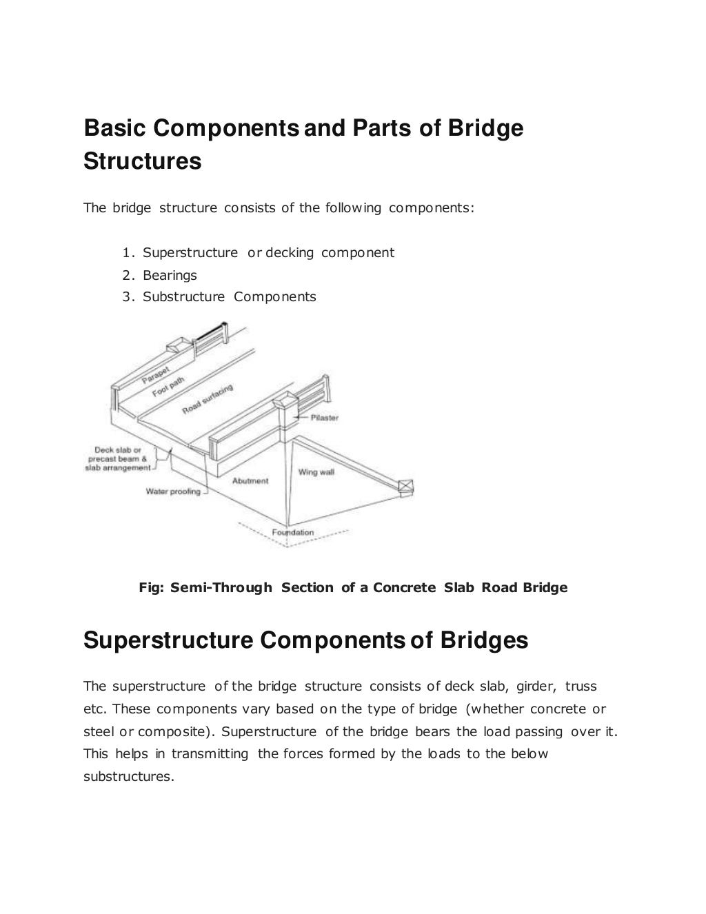 Basic components and parts of bridge structures