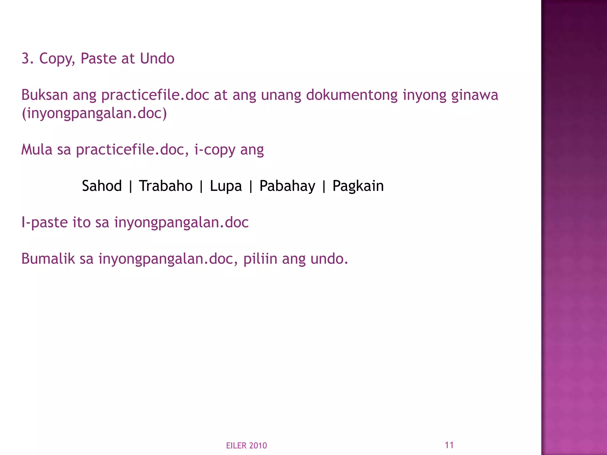 Batayang pagsasanay sa paggamit ng Microsoft Word | PPTX