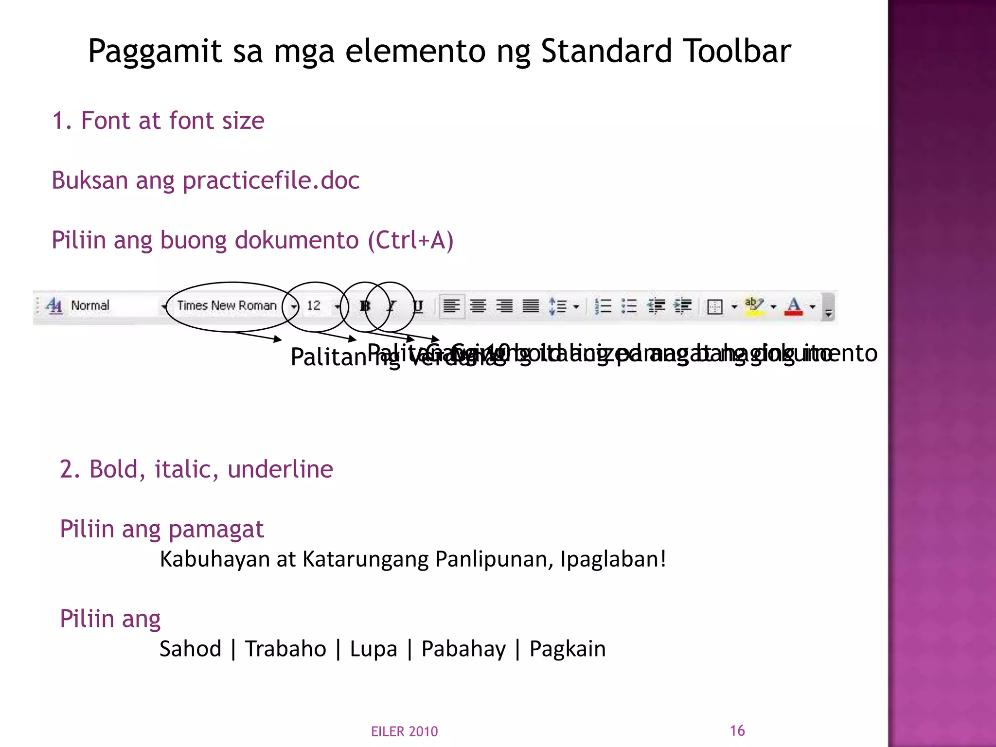 Batayang pagsasanay sa paggamit ng Microsoft Word | PPTX