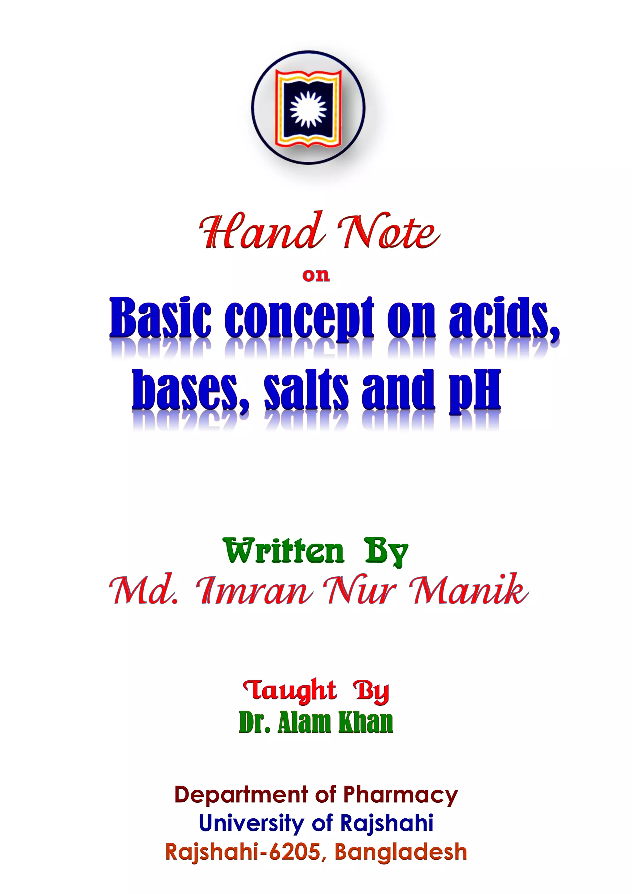 Basic concept on acids, bases, salts and pH MANIK | PDF