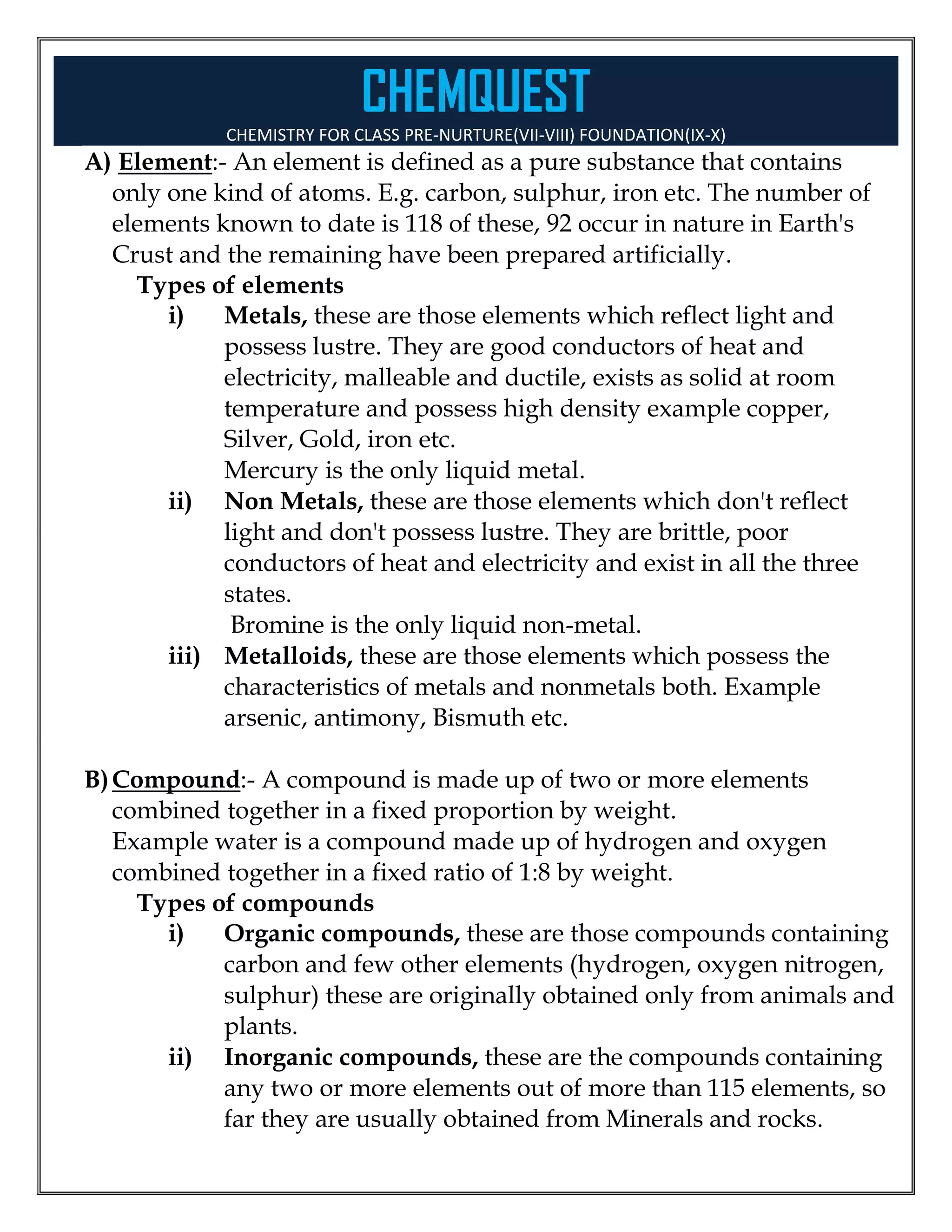 Basic concepts of chemistry class 8, 9, 10 | PDF