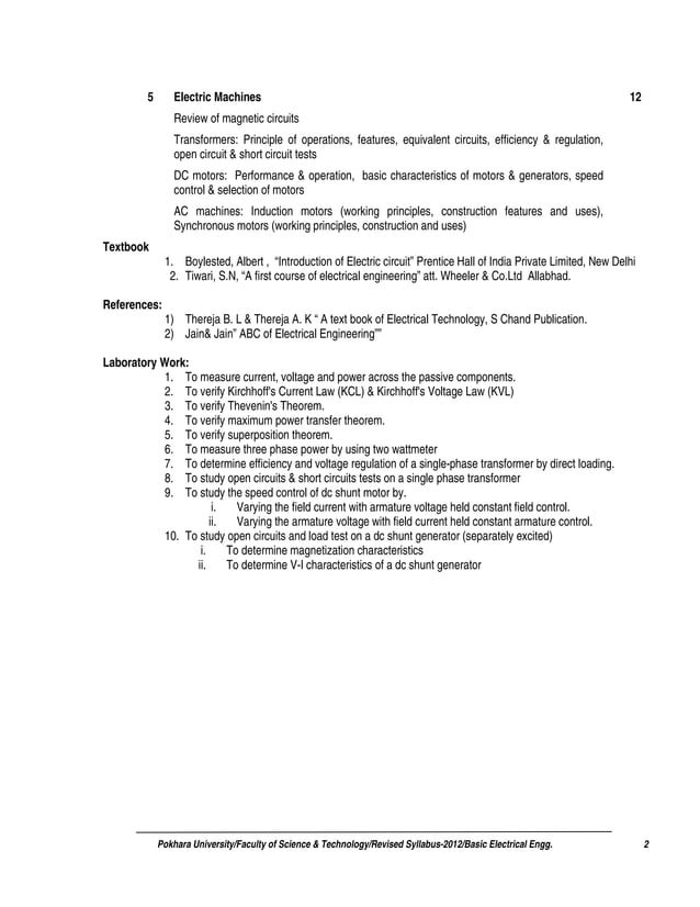 Basic electrical engineering syllabus(pokhara university) | PDF | Physics | Science