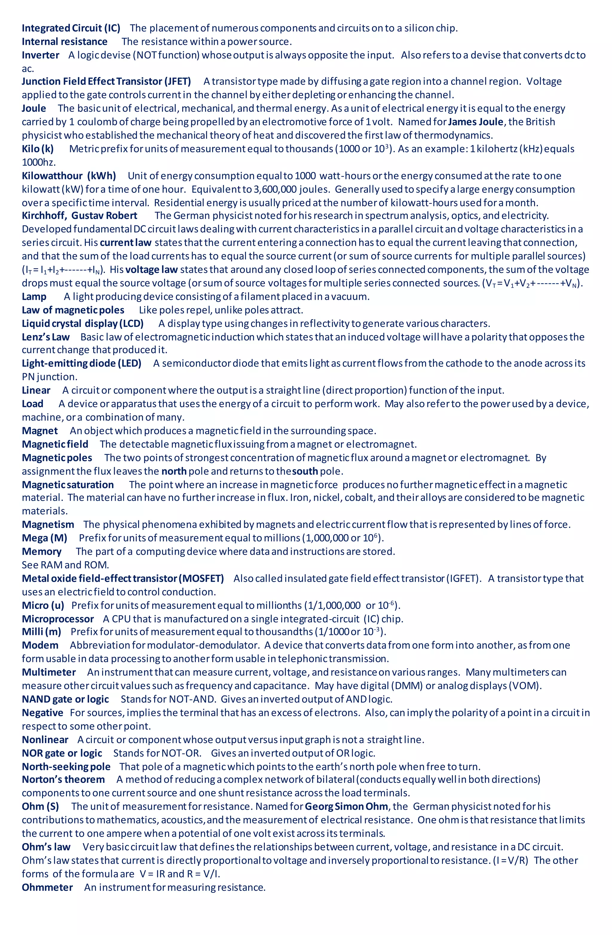 Basic Electronics Terms And Definitions Docx