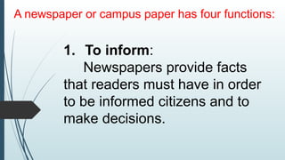 The BASIC FUNCTIONS OF NEWSPAPER.pptx explanations | PPTX