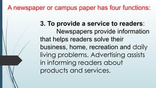 The BASIC FUNCTIONS OF NEWSPAPER.pptx explanations | PPTX