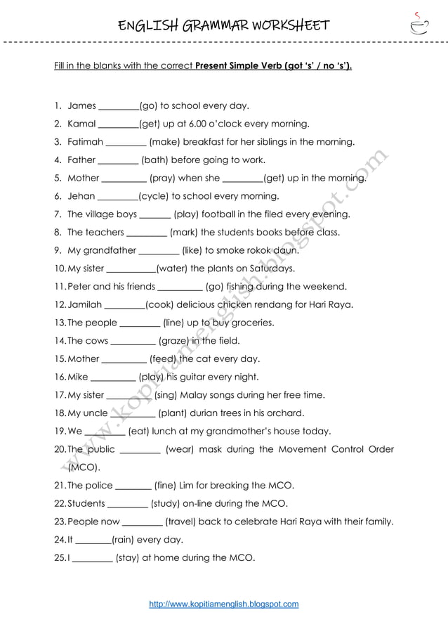 Basic grammar present simple (got 's' / no 's') | PDF