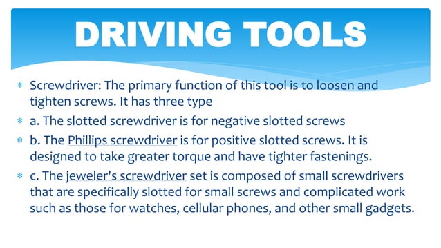 A Presentation about the Basic Hand Tool in TLE 6 Industrial Arts | PPTX