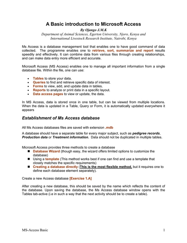 Basic introduction to ms access | PDF