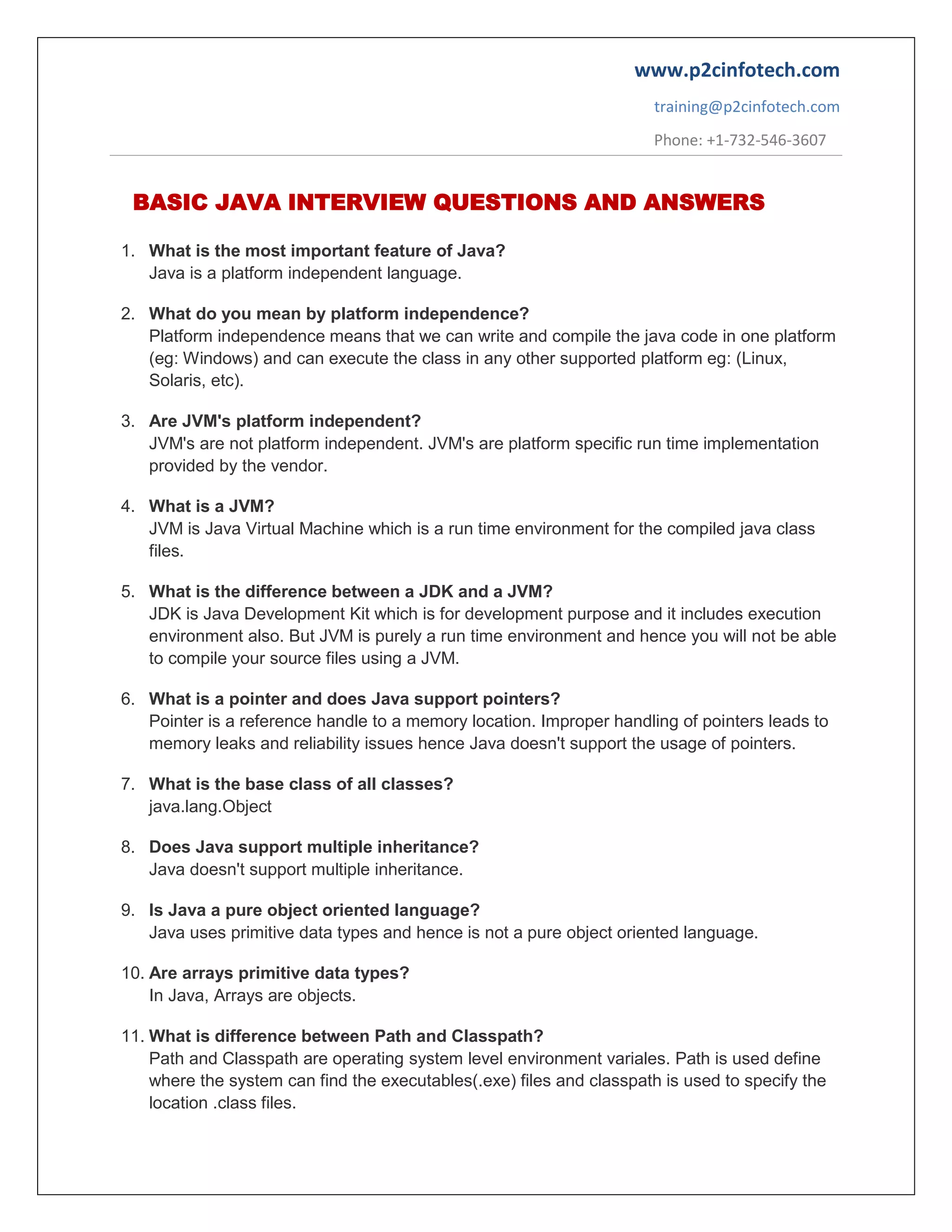 Basic Java Important Interview Questions And Answers To Secure A Job Pdf 