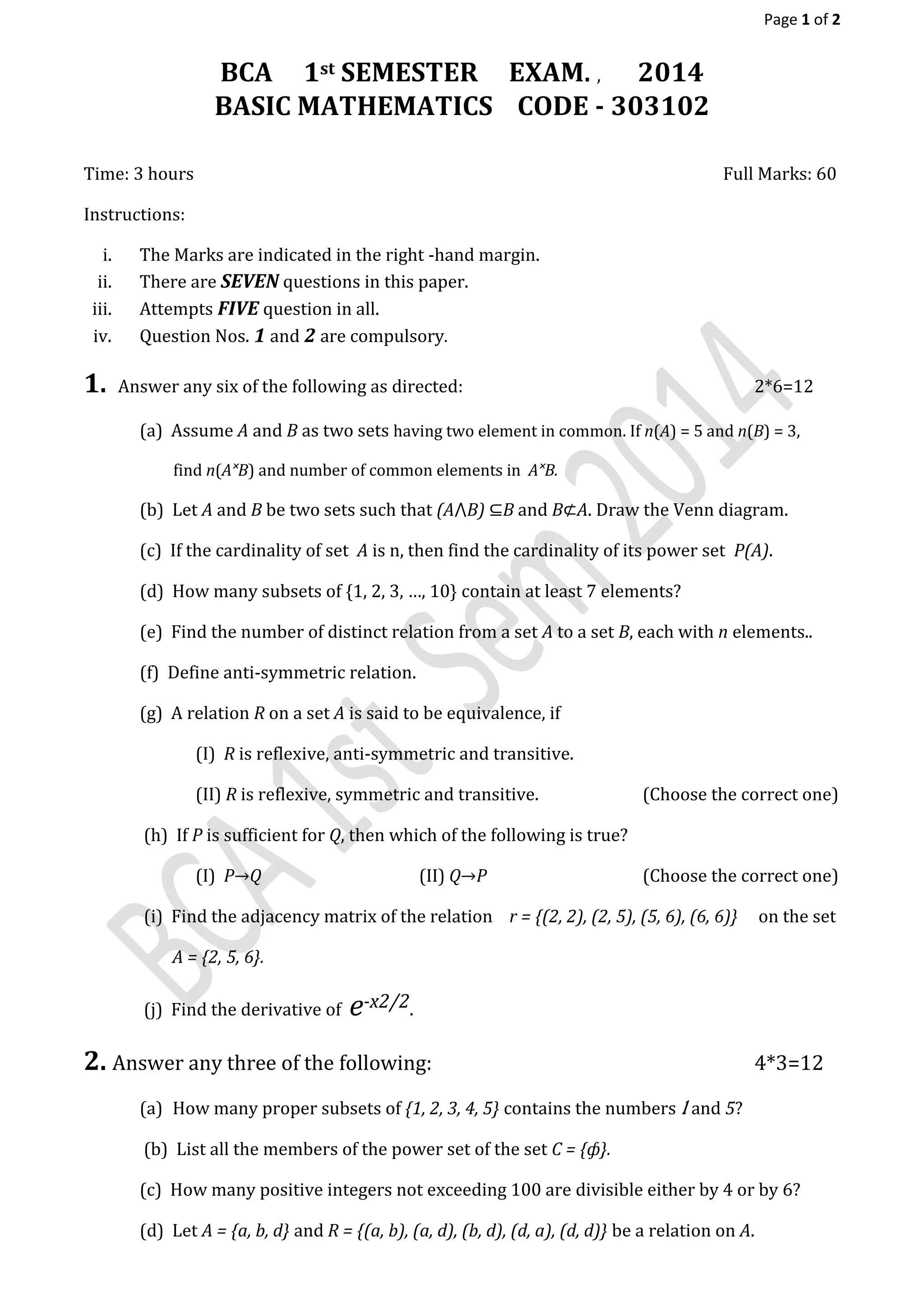 Basic mathematics code 303102 bca 1st semester exam. 2014 | PDF | Physics | Science