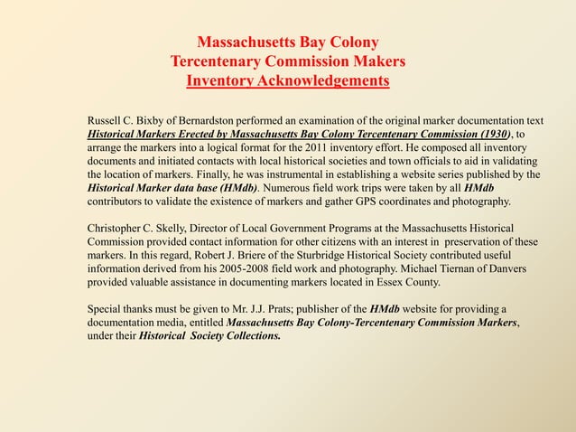 Massachusetts Bay Colony-Tercentenary Commission Markerson (december ...