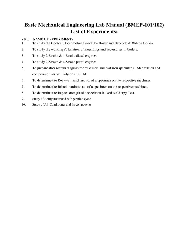 Basic mechanical engineering lab manual (bmep 101-102) by varun pratap singh | PDF | Chemistry ...