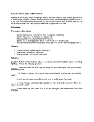 Basic metalwork tools and equipment | DOCX