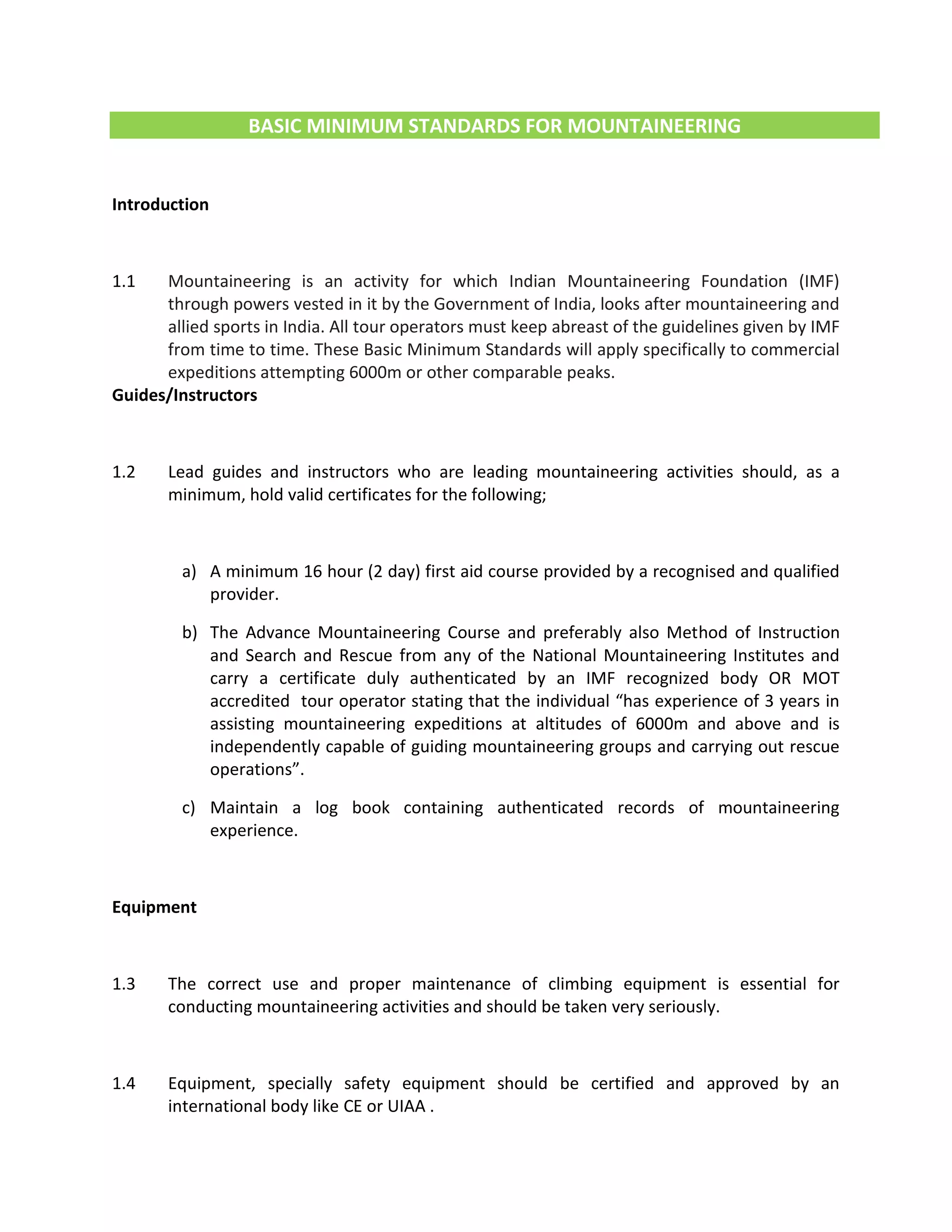 Basic minimum safety guidelines for adventure tourism activities | PDF