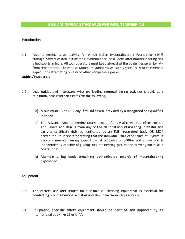 Basic minimum safety guidelines for adventure tourism activities | PDF ...
