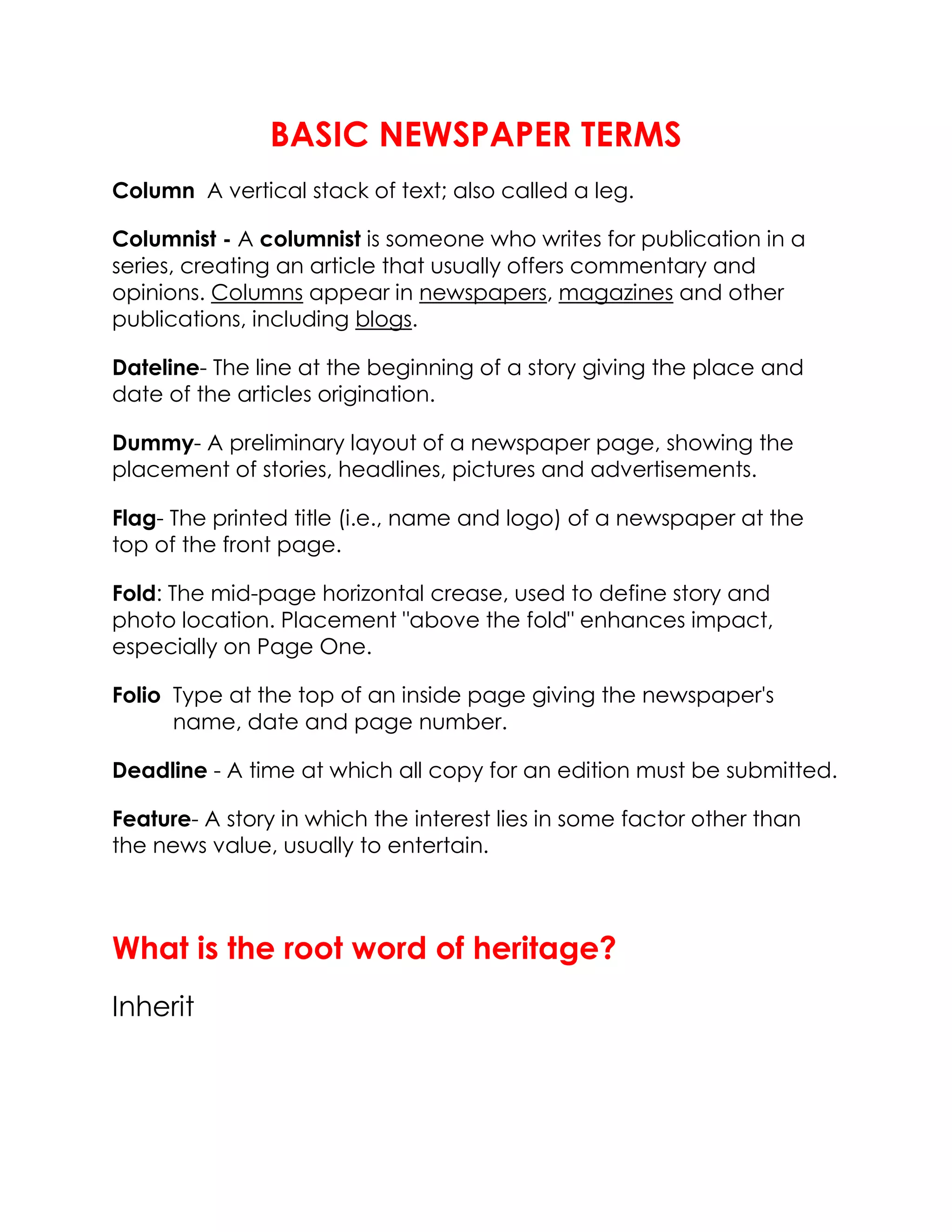 Basic newspaper terms | DOCX