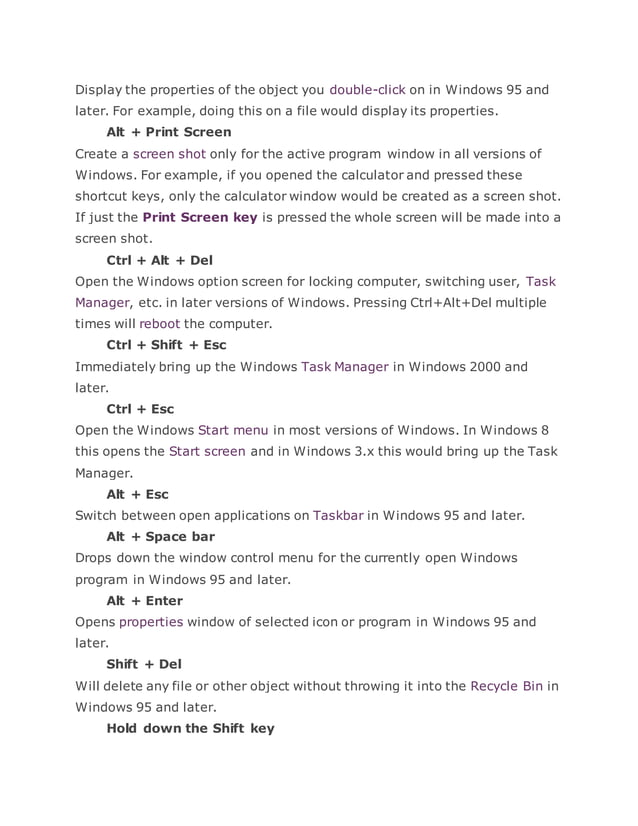 basic shortcut keys in computer | DOCX | Operating Systems | Computer ...