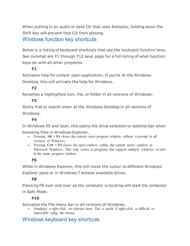basic shortcut keys in computer | DOCX | Operating Systems | Computer Software and Applications