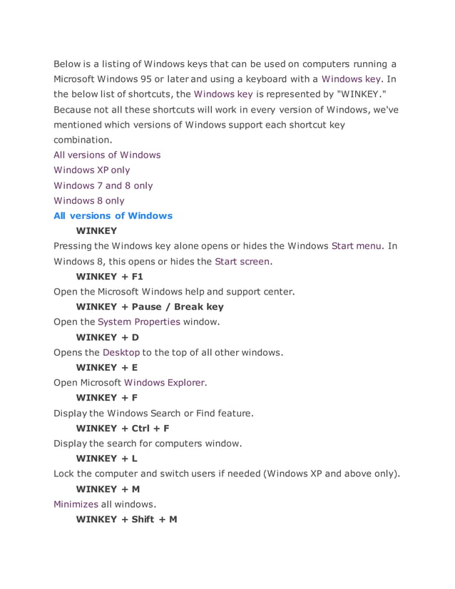 basic shortcut keys in computer | DOCX | Operating Systems | Computer ...
