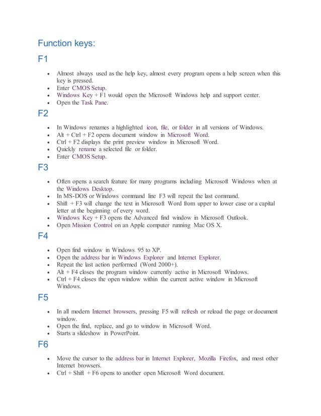 basic shortcut keys in computer | DOCX | Operating Systems | Computer ...