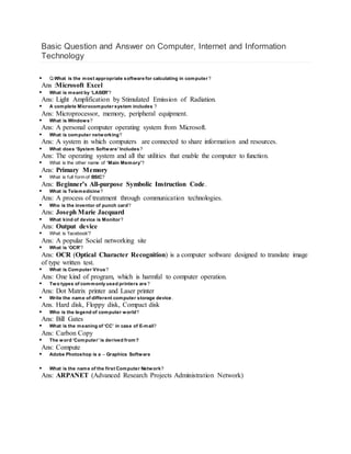 Basic question and answer on computer | DOCX