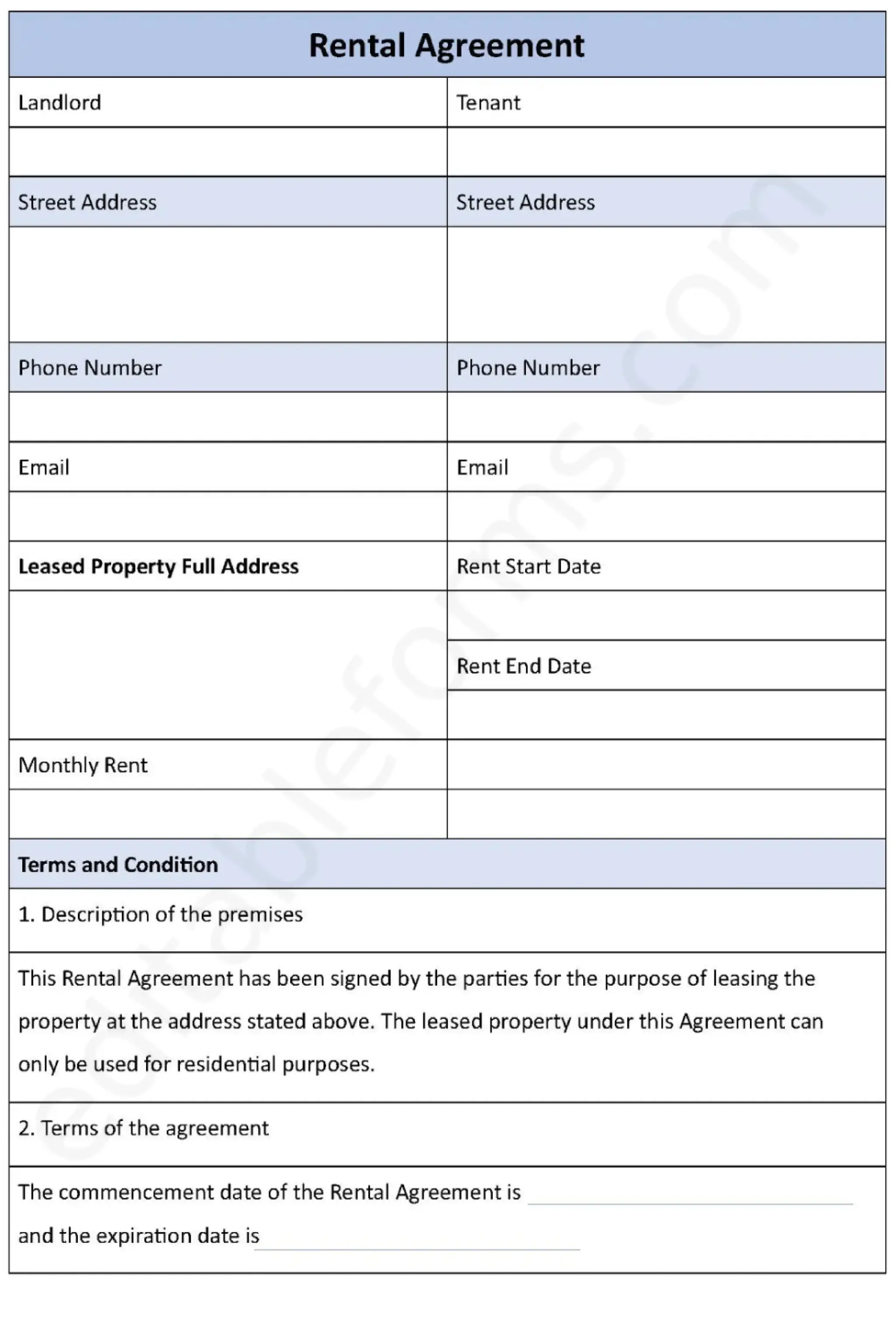 Basic Rental Agreement Fillable PDF Form | PDF