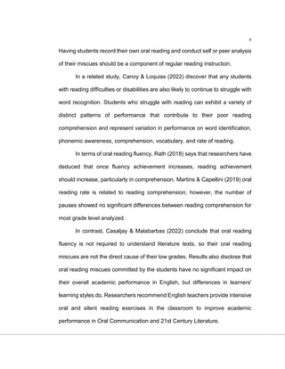 Most Common Oral Reading Miscues and Reading Comprehension level of ...