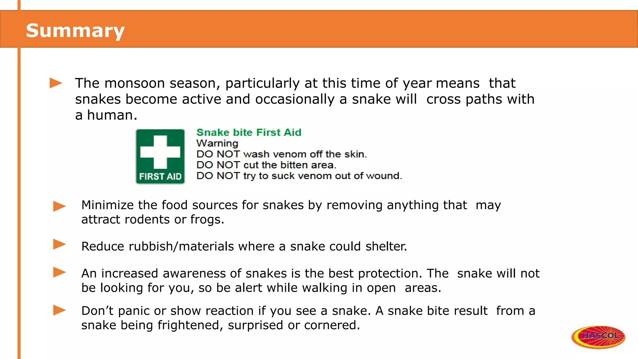 Basic safety against snake bite at work place | PPTX