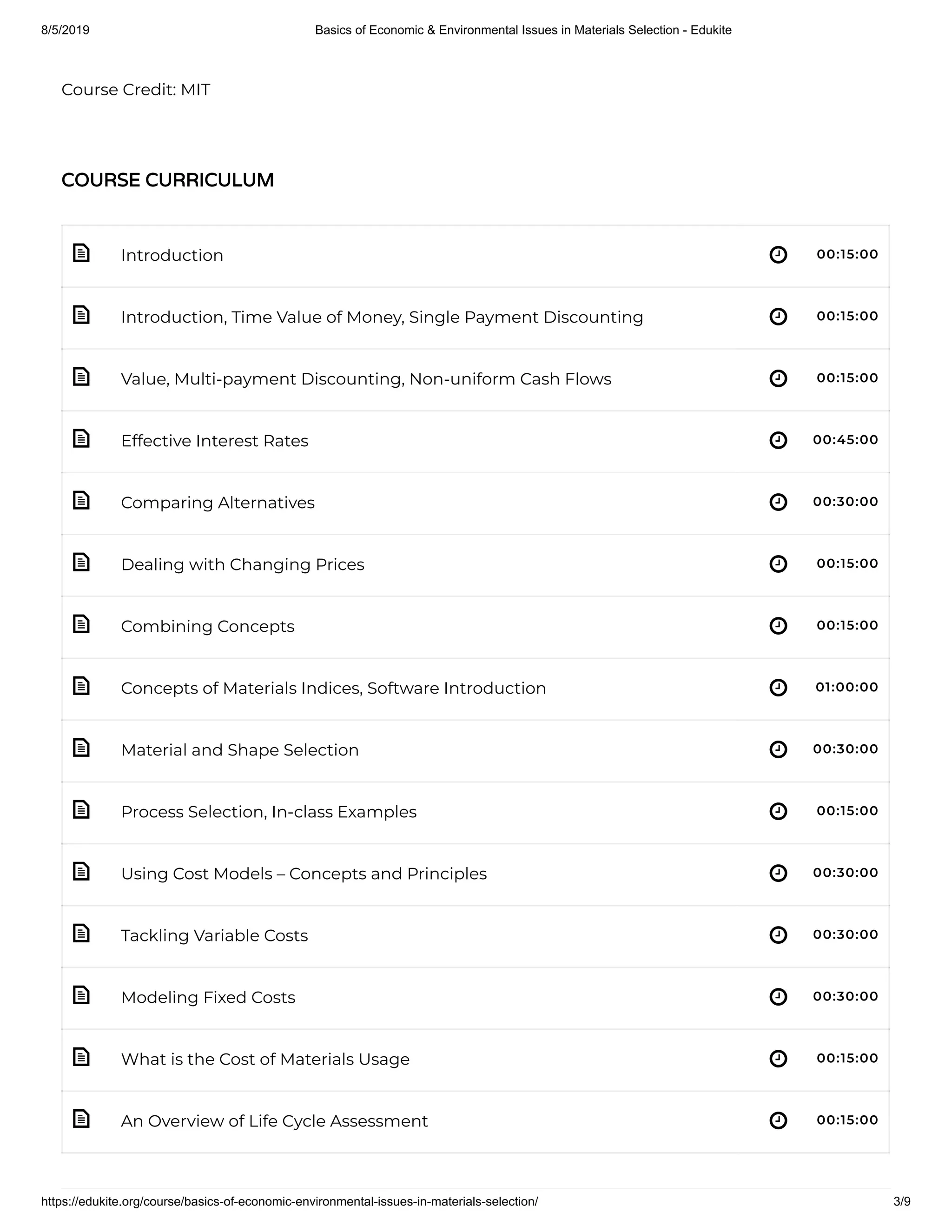 Basics of Economic & Environmental Issues in Materials Selection ...