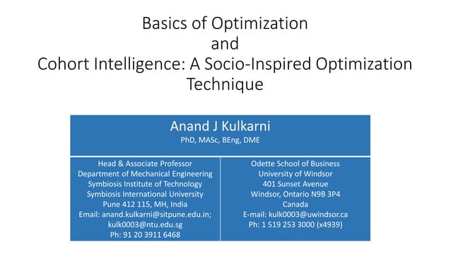 Basics of Optimization & Cohort Intelligence: A Socio-inspired Optimization Technique | PPT