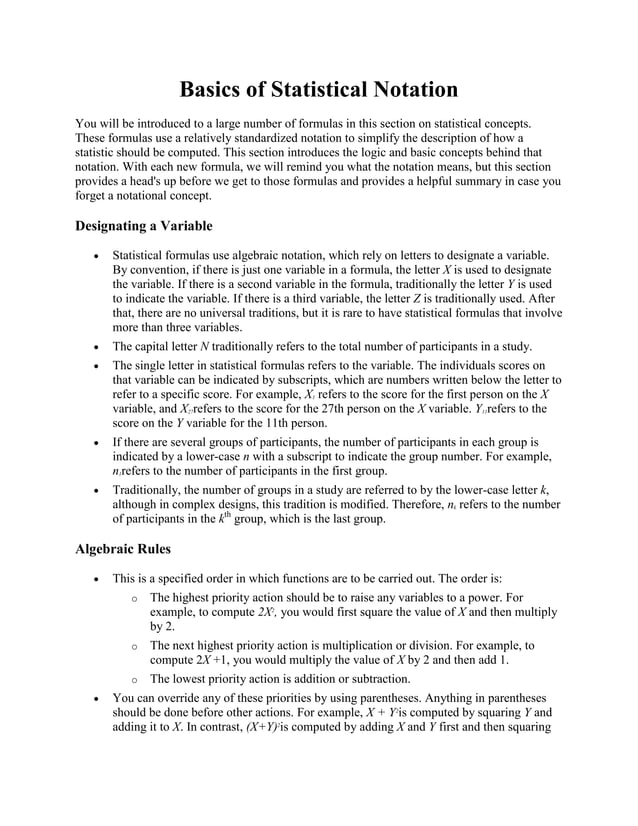 Basics Of Statistical Notation Docx Programming Languages Computing