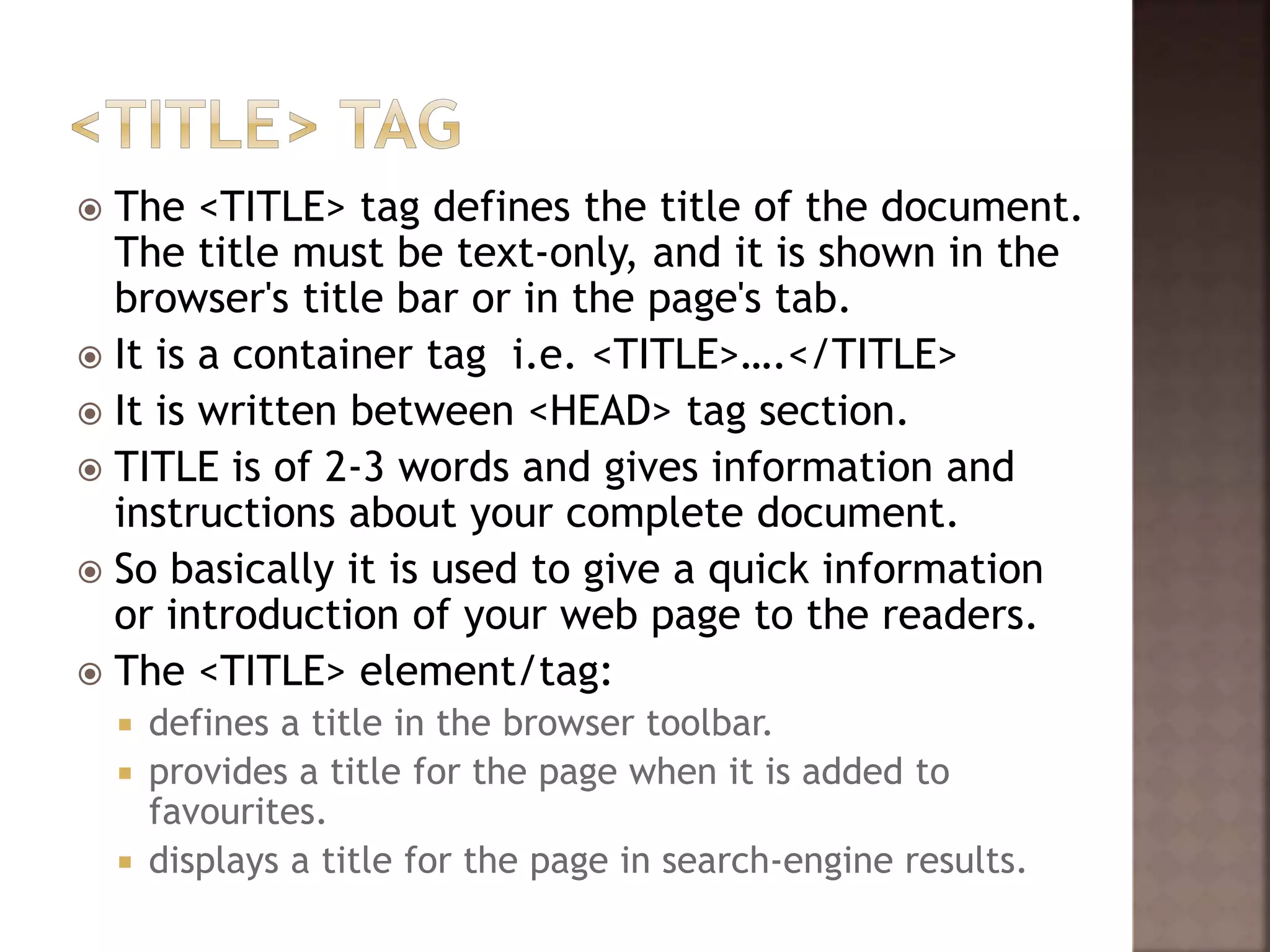 Basic tags in html | PPTX | Web Design and HTML | Internet