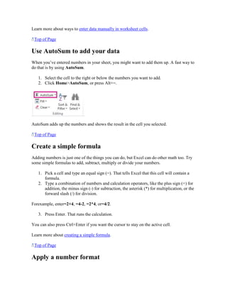 Basic tasks in excel 2013 | DOCX