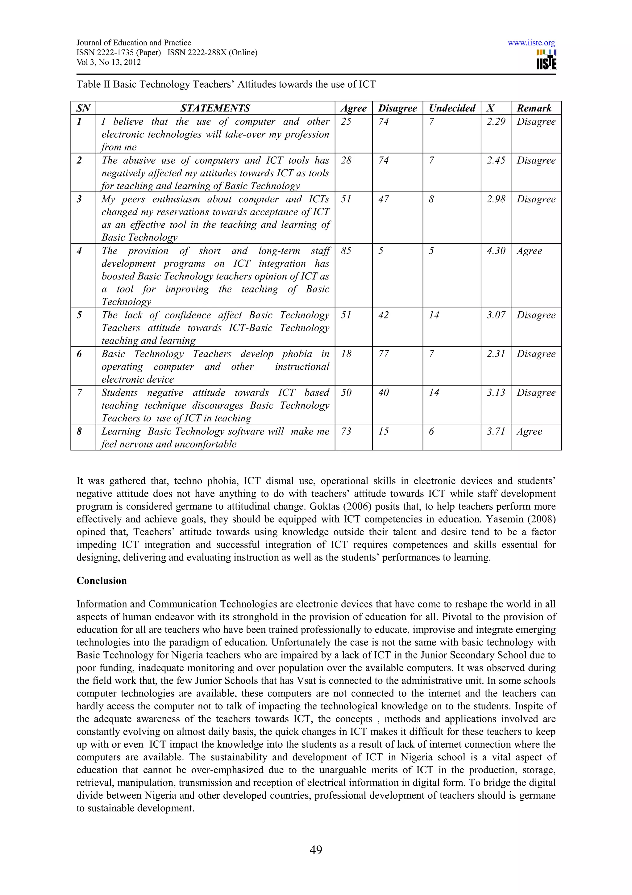 Basic technology teachers’ awareness and attitude towards the use of ...