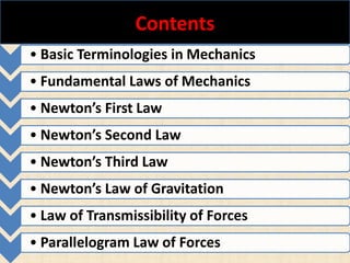 Basic terminologies and fundamental laws engineering mechanics | PPTX