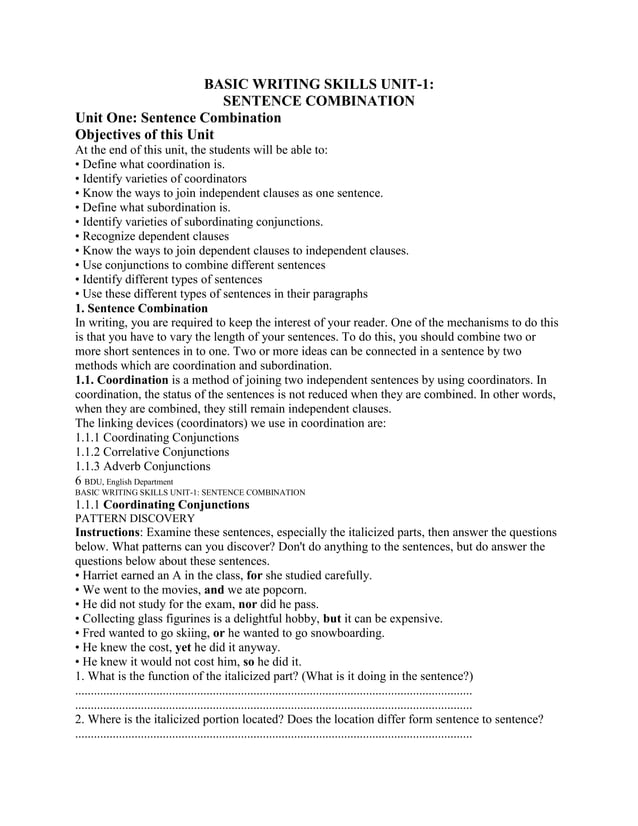 BASIC WRITING SKILLS UNIT.docx | Homework and Study | Education