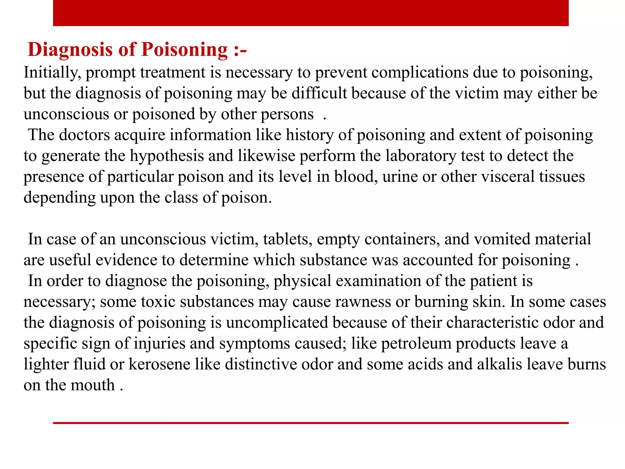Basis of criminal assessment & diagnosis of poisoning in live human. | PDF