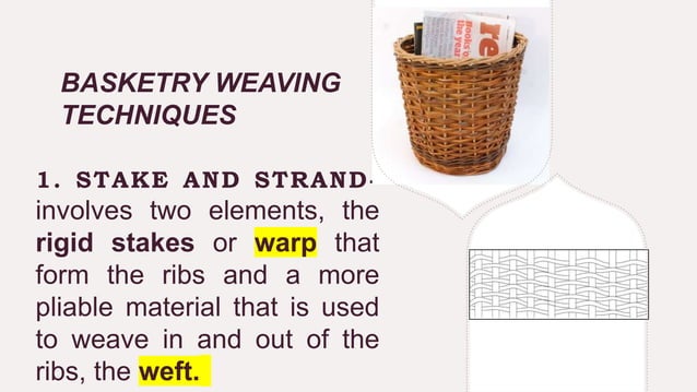 basketry weaving techniques and patterns.pptx | Needlework | Arts and Crafts