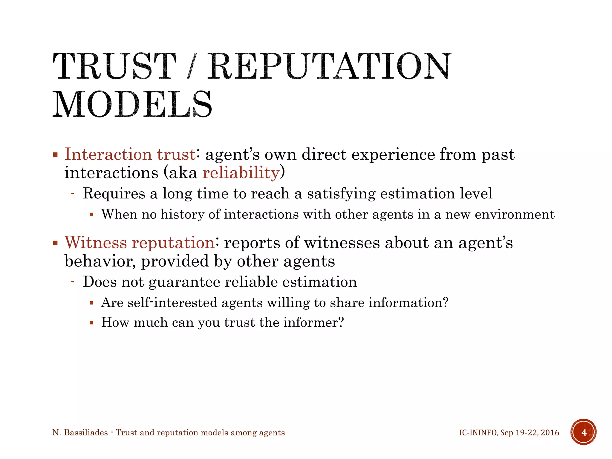 Trust and reputation models among agents | PPT
