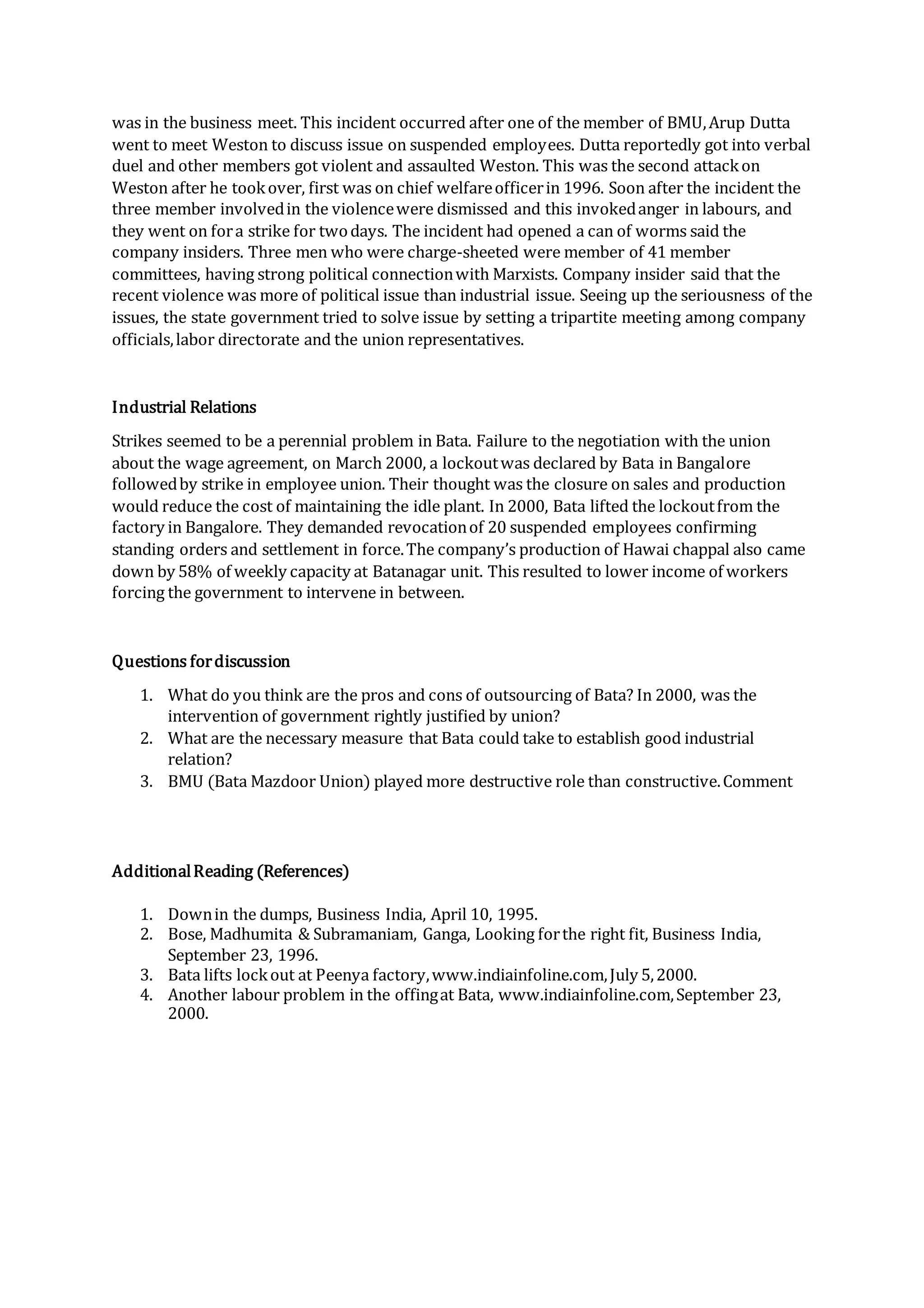 Bata india's industrial relation issue case study | DOCX