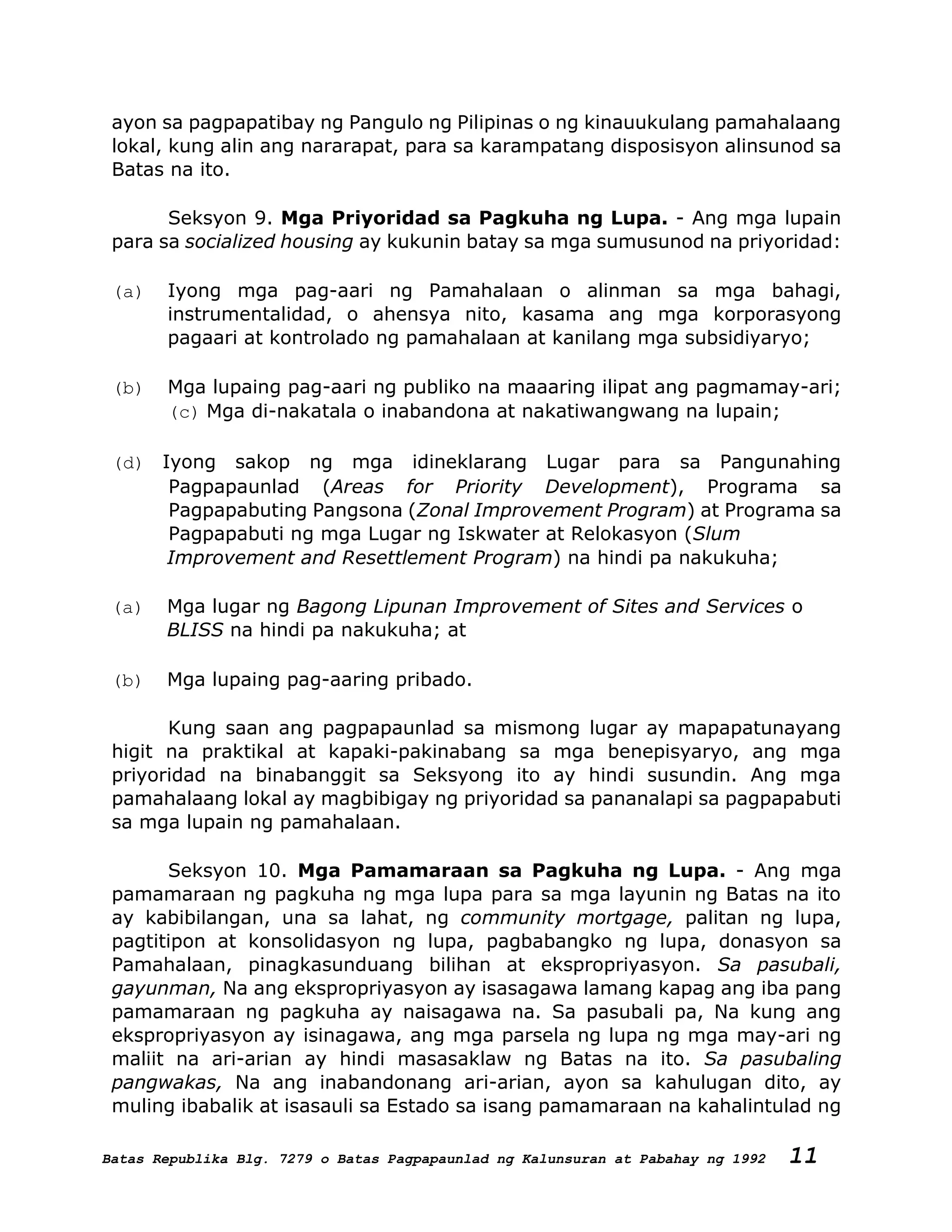 Batas Republika Blg. 7279, na huling sinusugan ng Batas Republika Blg ...