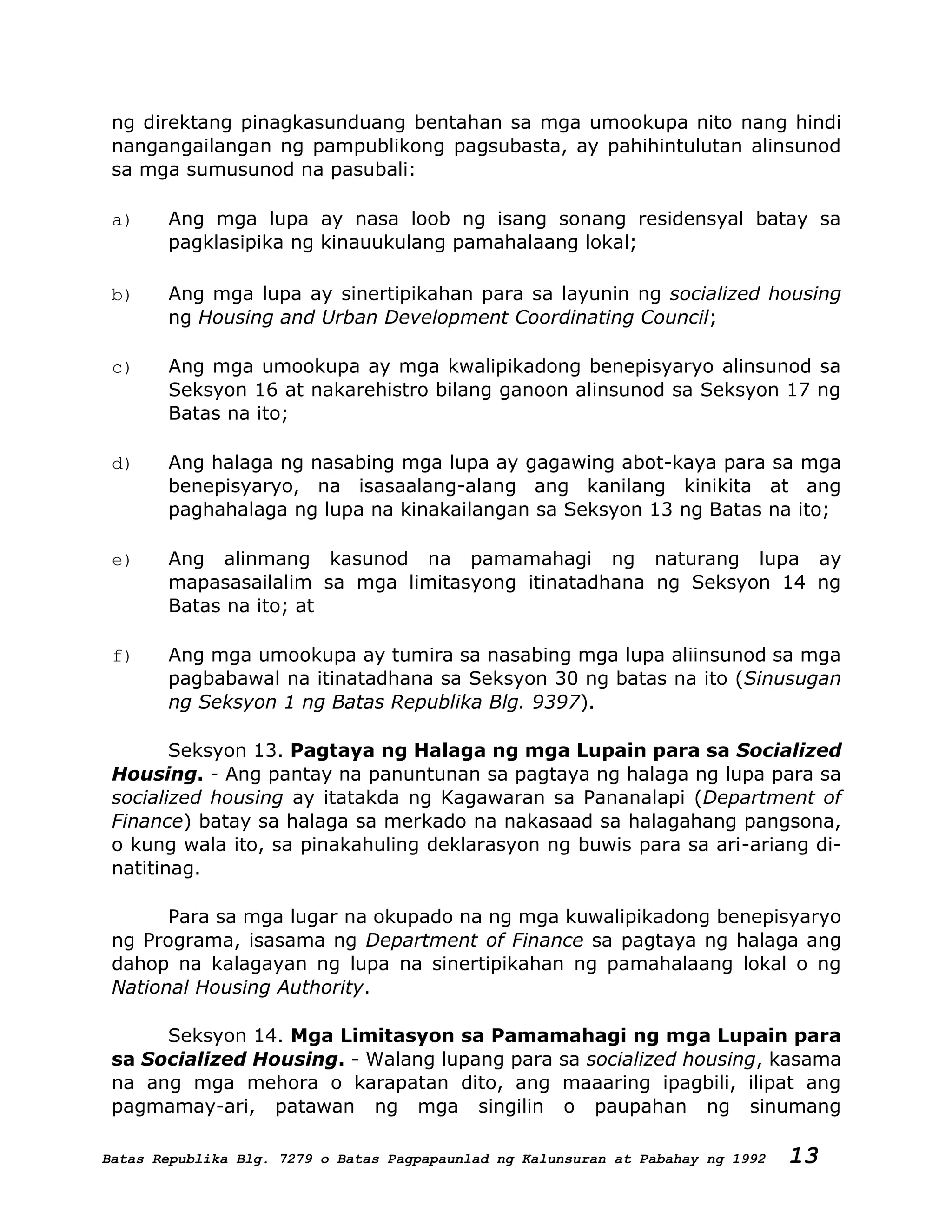 Batas Republika Blg. 7279, na huling sinusugan ng Batas Republika Blg ...