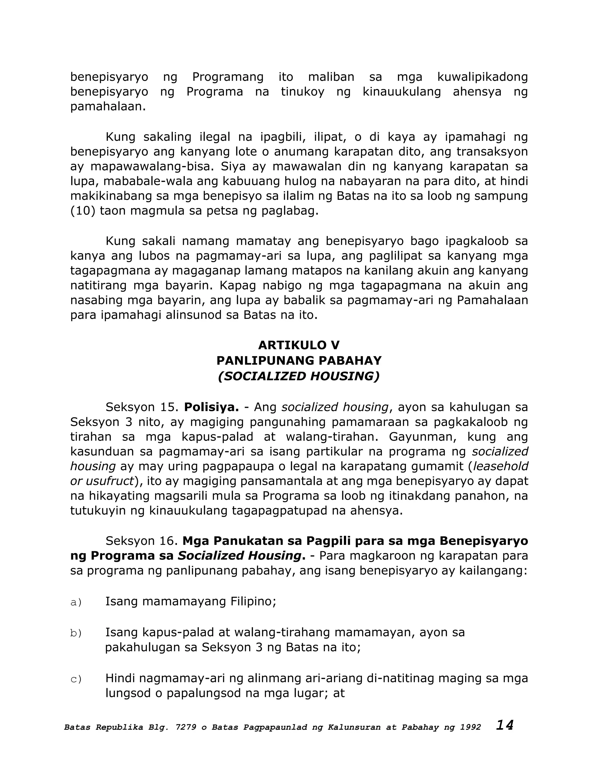 Batas Republika Blg. 7279, na huling sinusugan ng Batas Republika Blg ...