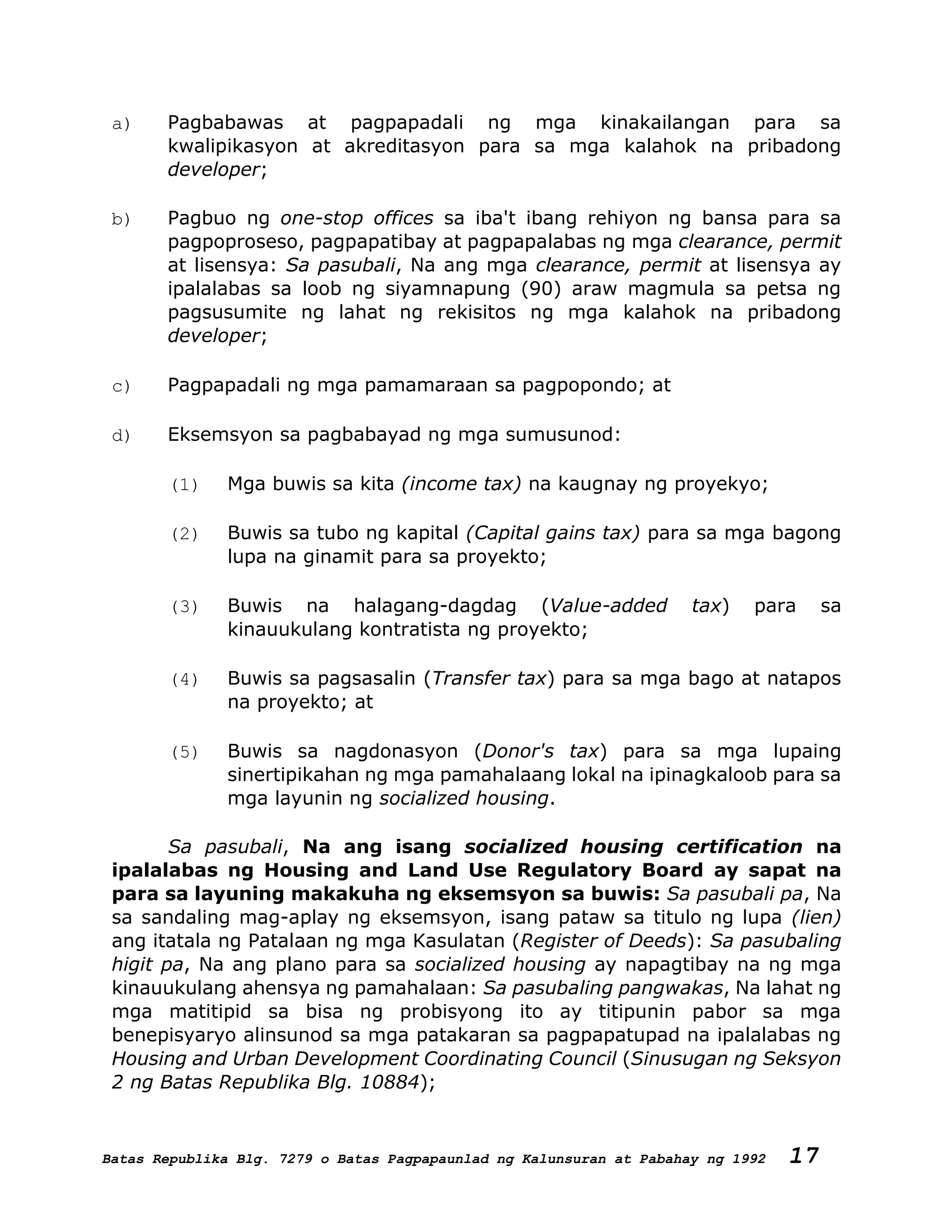 Batas Republika Blg. 7279, na huling sinusugan ng Batas Republika Blg ...