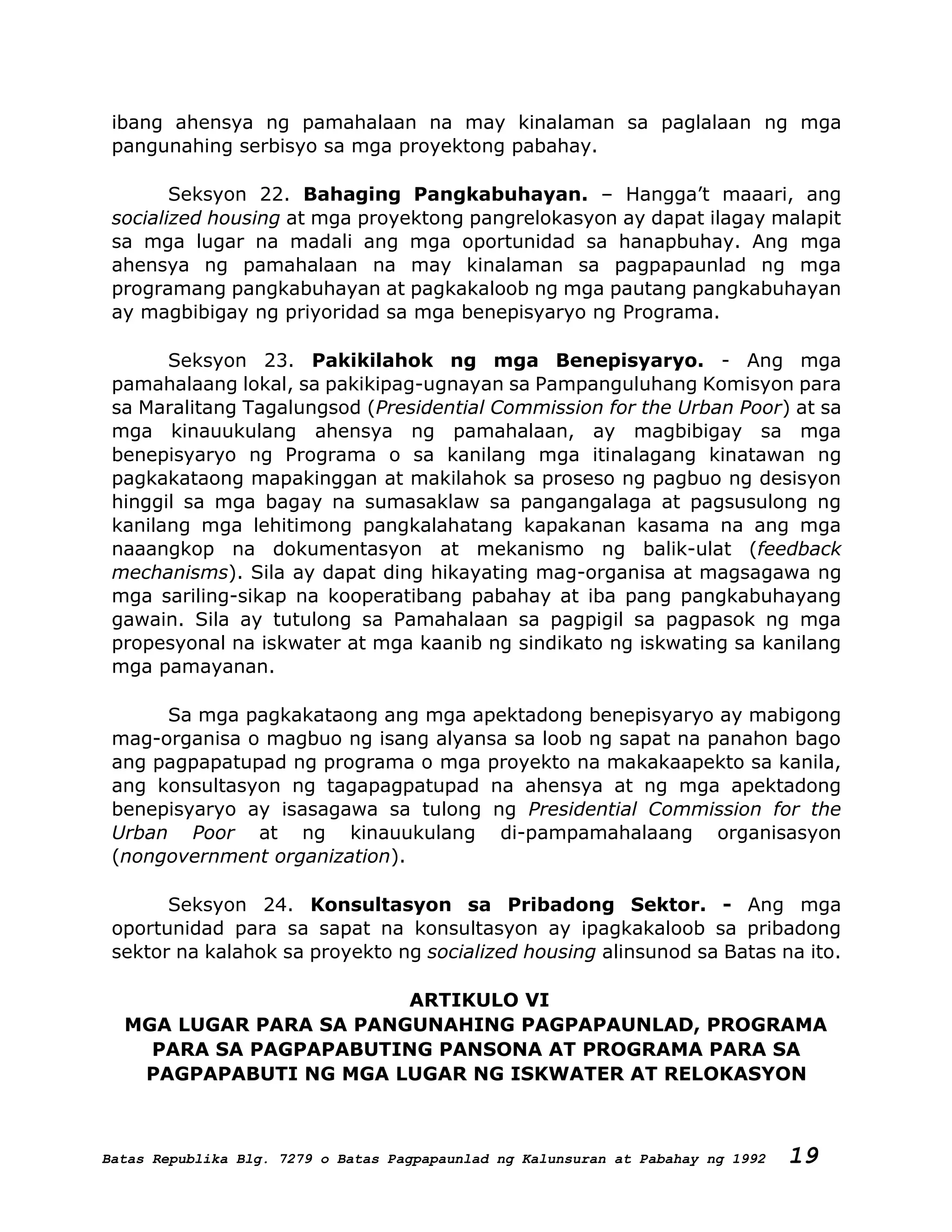 Batas Republika Blg. 7279, na huling sinusugan ng Batas Republika Blg ...