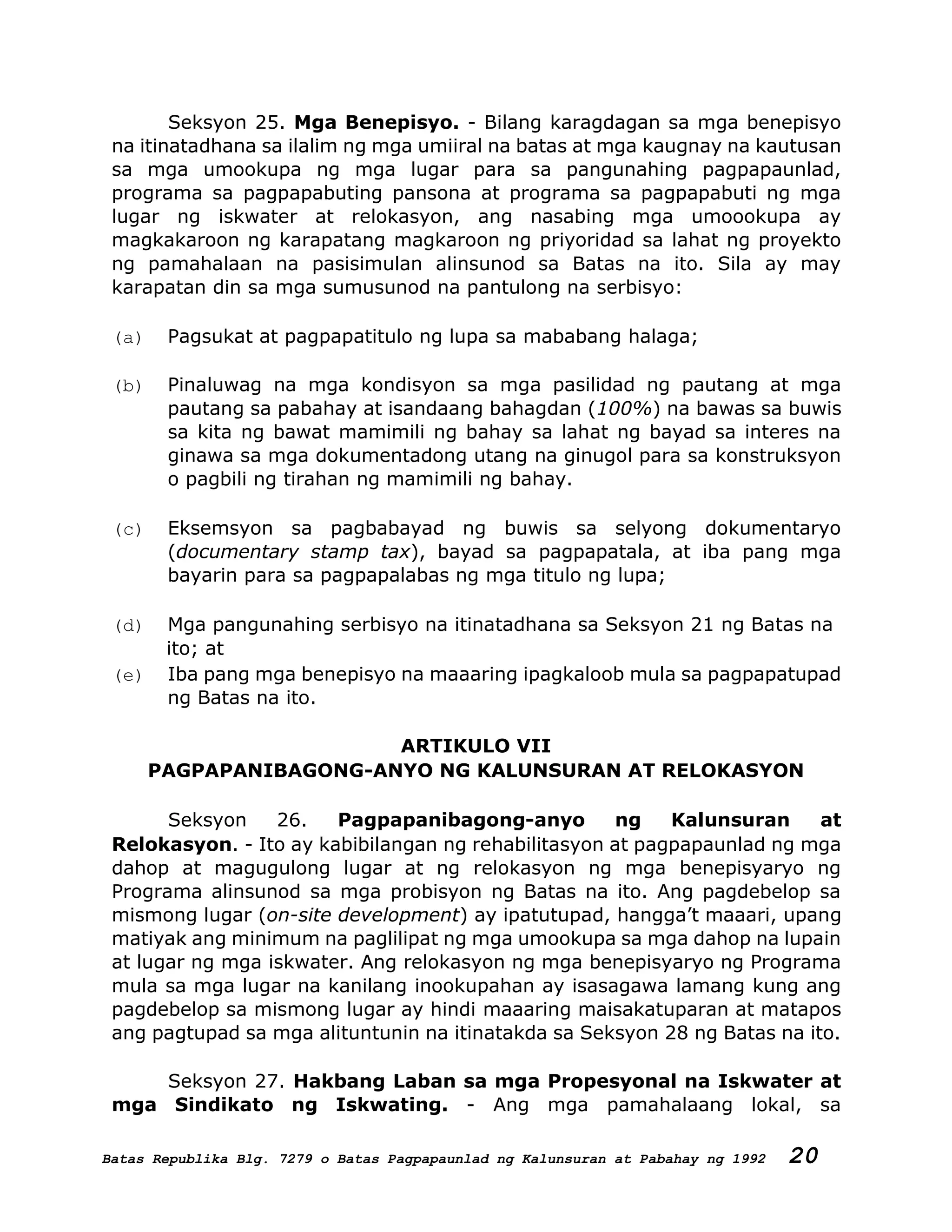 Batas Republika Blg. 7279, na huling sinusugan ng Batas Republika Blg ...