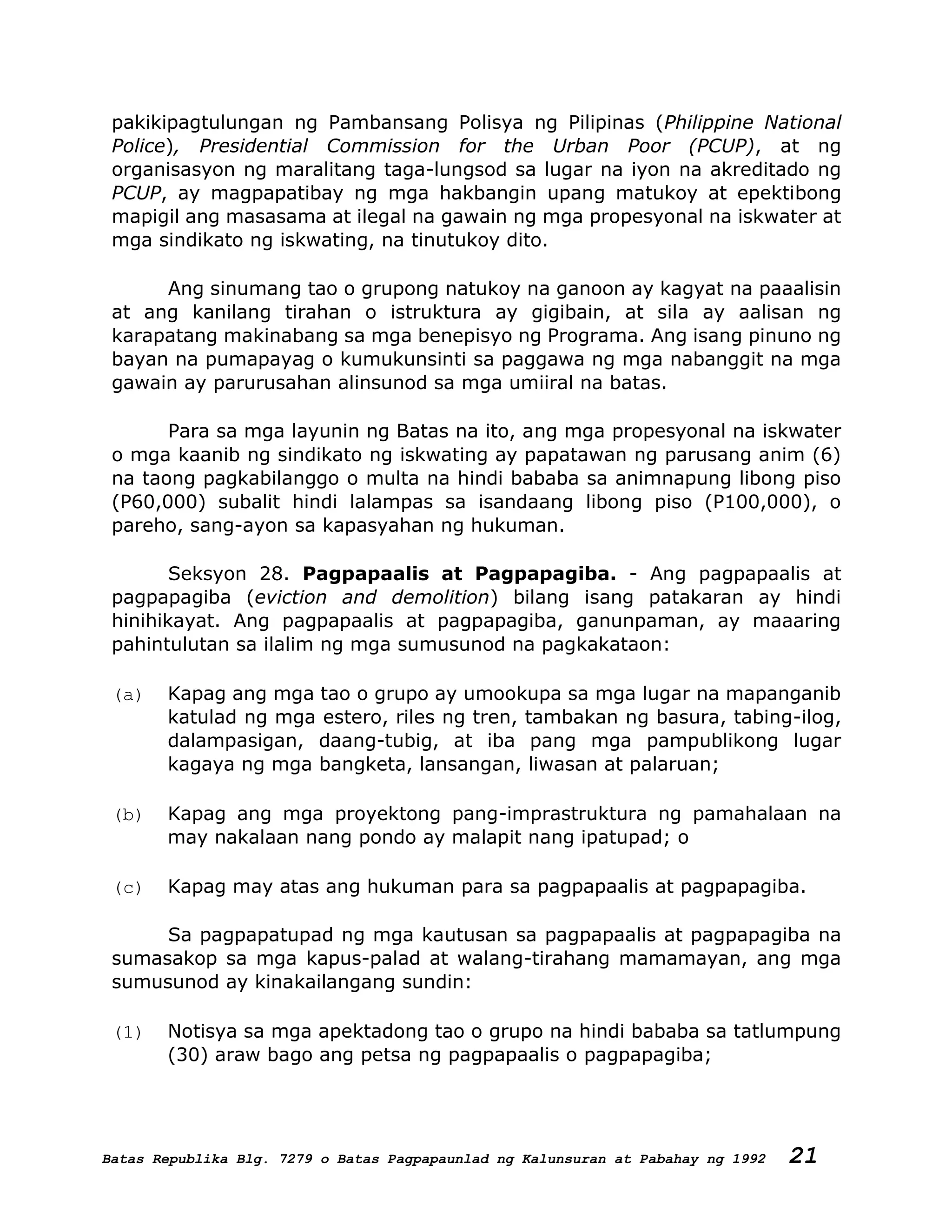 Batas Republika Blg. 7279, na huling sinusugan ng Batas Republika Blg ...