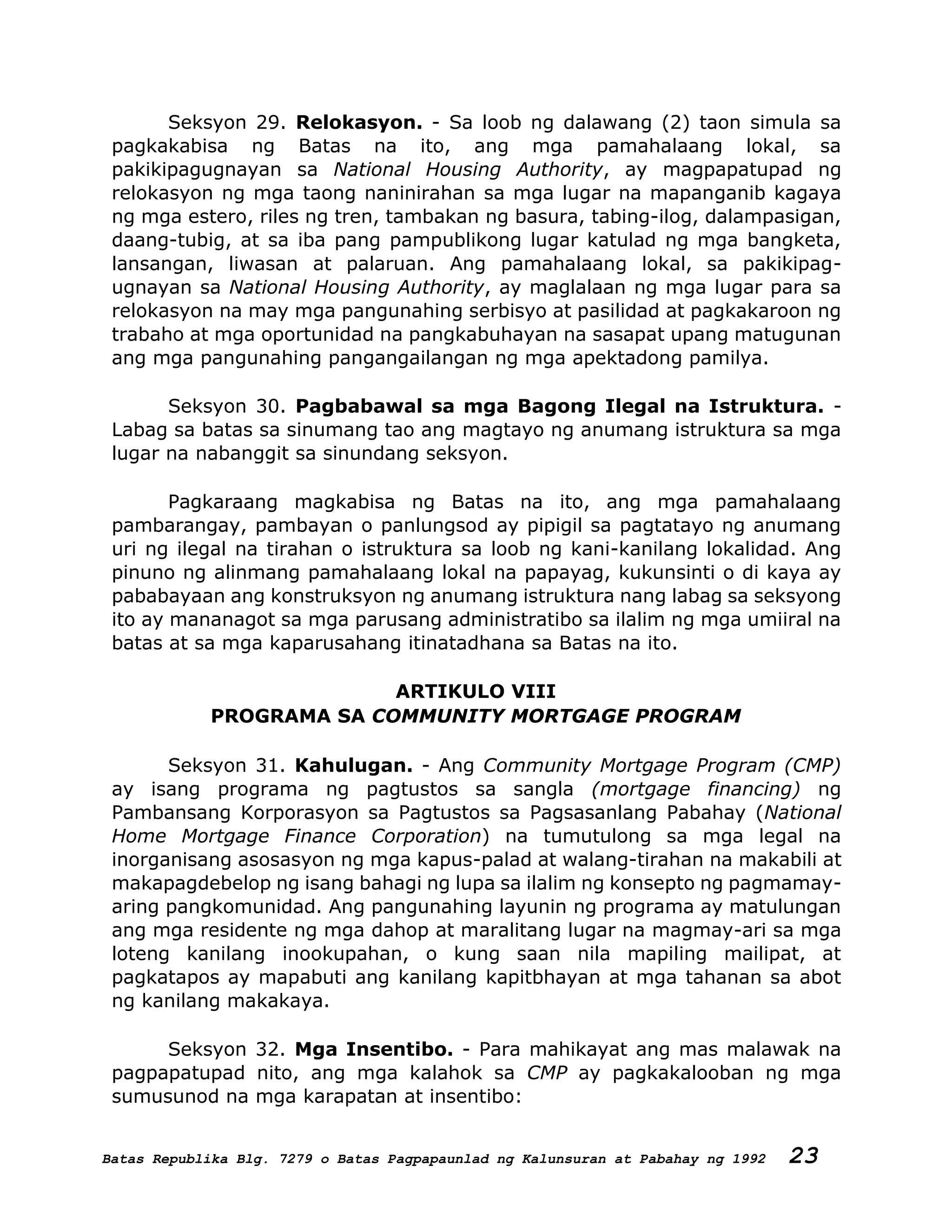 Batas Republika Blg. 7279, na huling sinusugan ng Batas Republika Blg ...